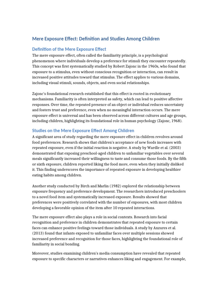Mere Exposure Effect in Children Studies | PDF | Psychology | Learning