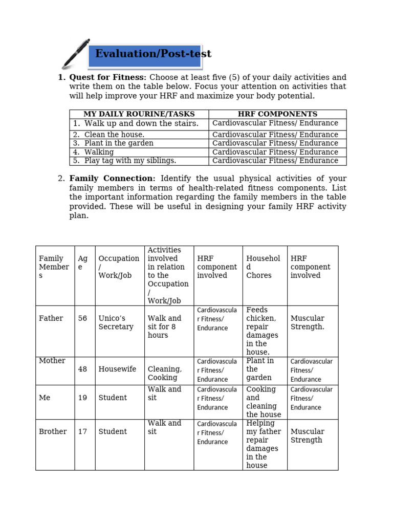 Daily Activities for Health Fitness Evaluation | PDF | Obesity ...