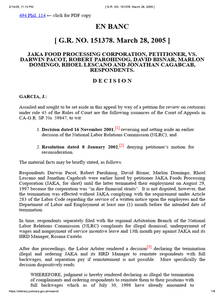 (2) Jaka Food Processing Corp. v. Pacot | PDF | Indemnity | Employment