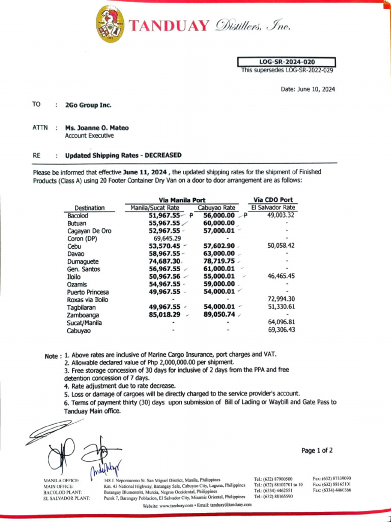 2go Updated Rates - FG (20 FTR) 06.11.24 | PDF | Companies Of The ...