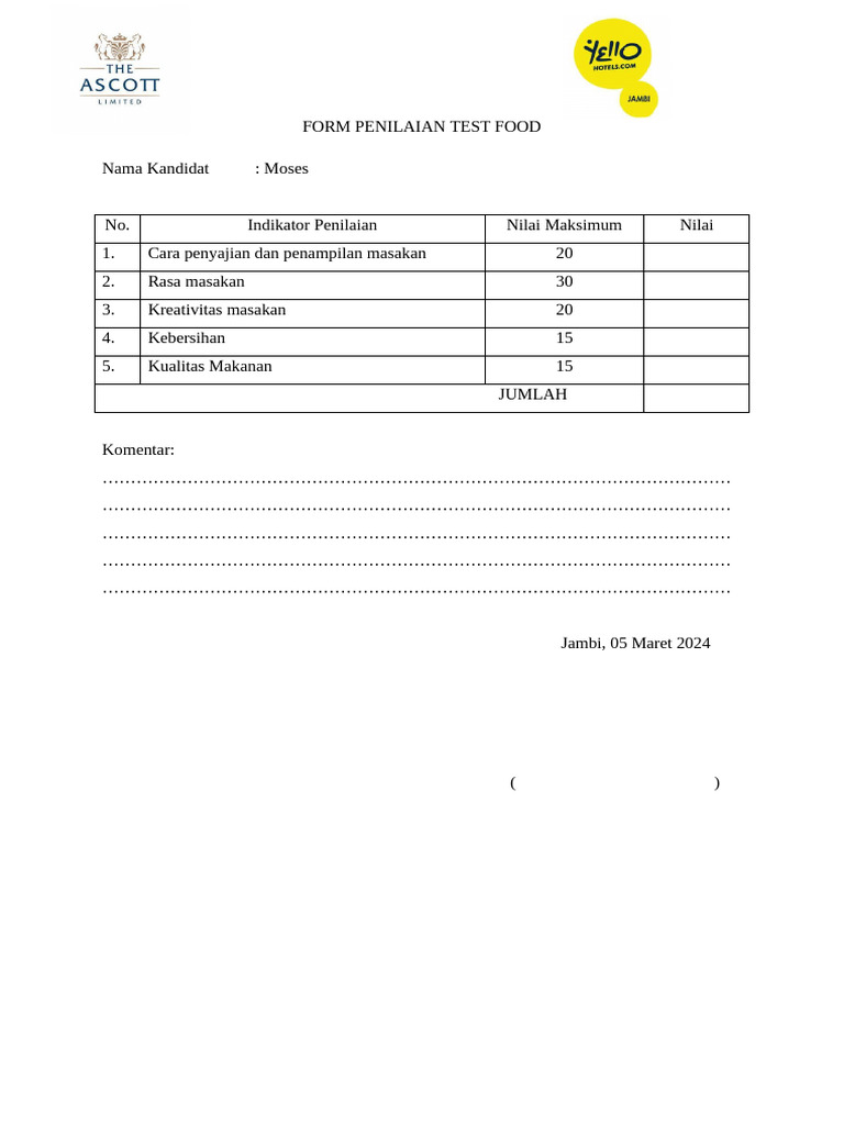Form Penilain Test Food | PDF