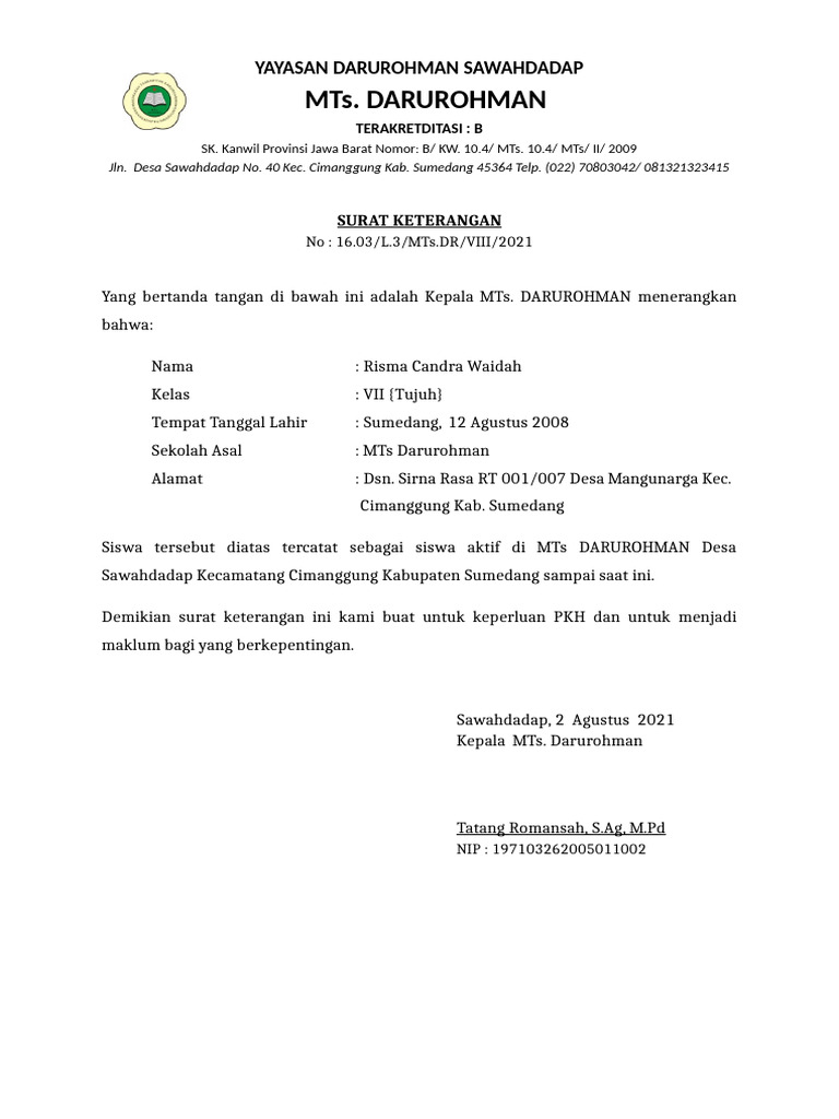 Surat Ket Siswa DR 2021 Blanko | PDF