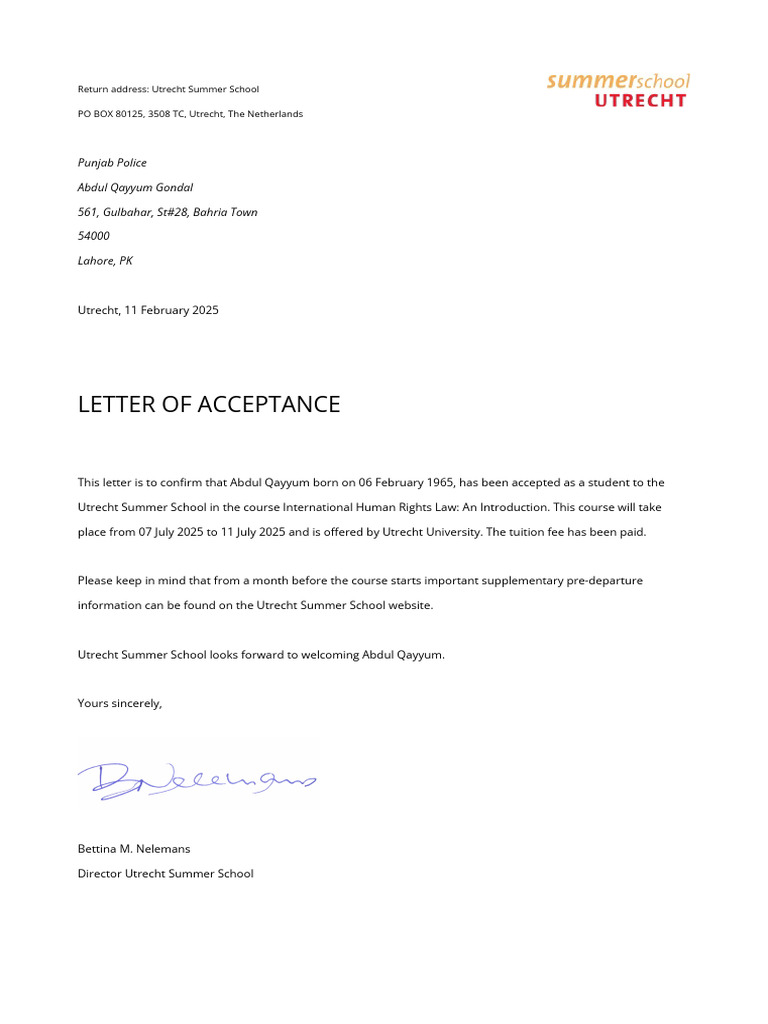 Acceptance Letter for Utrecht Summer School | PDF