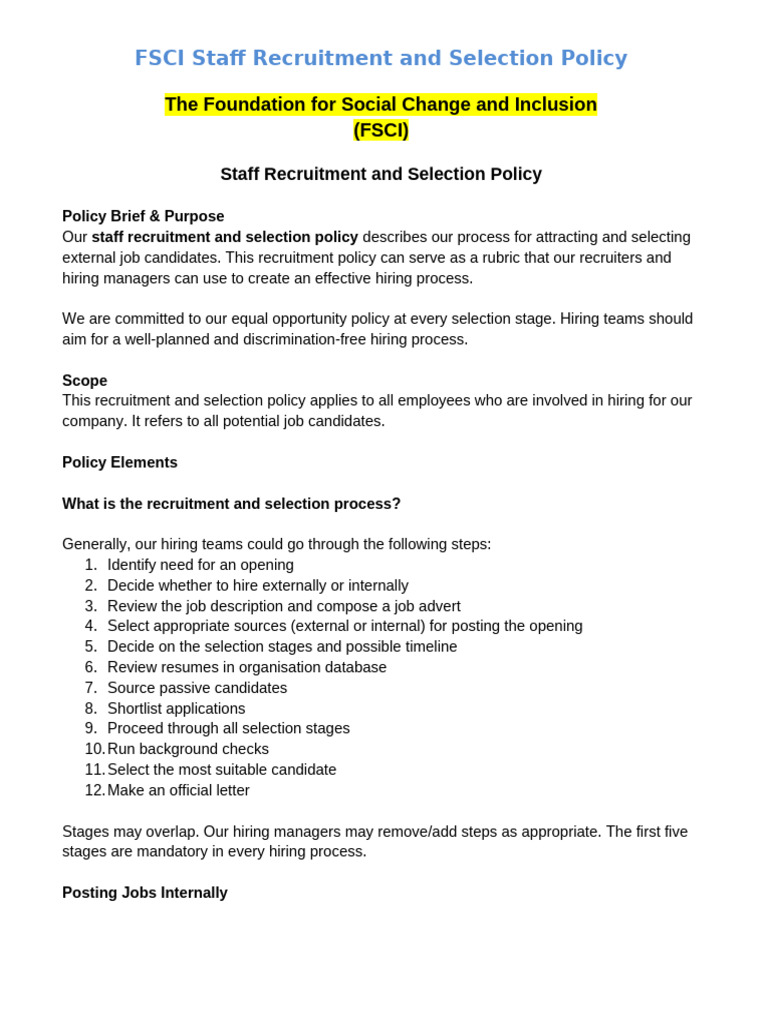 FSCI Policy On Staff Recruitment and Selection | PDF | Recruitment ...
