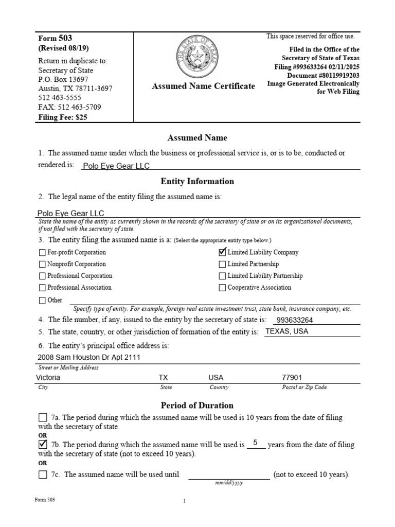 Texas Assumed Name Certificate Form 503 | PDF | Limited Liability ...
