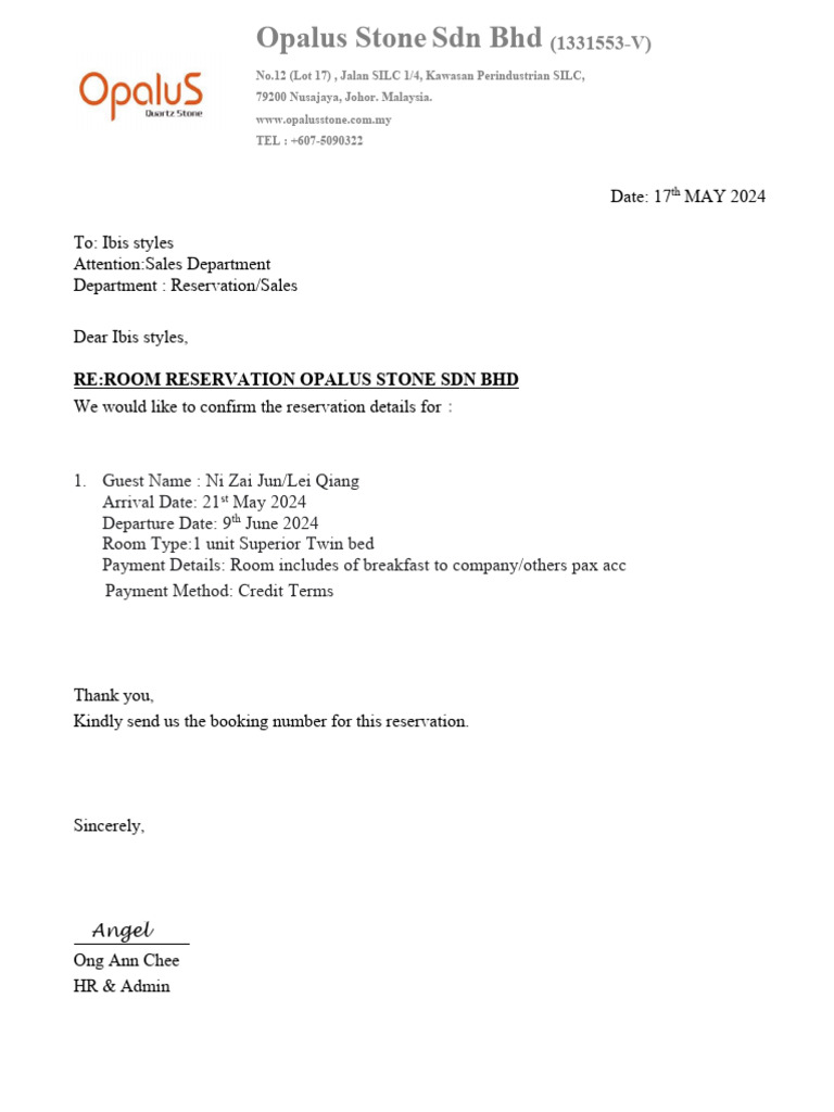 Opalus Stone Room Reservation Confirmation | PDF