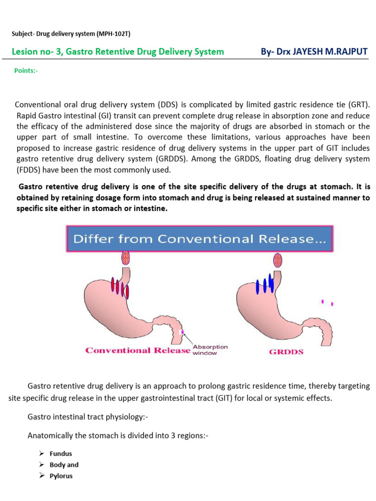 Lesion No-3, Gastro Retentive Drug Delivery System: 1) GRDDS Principle ...