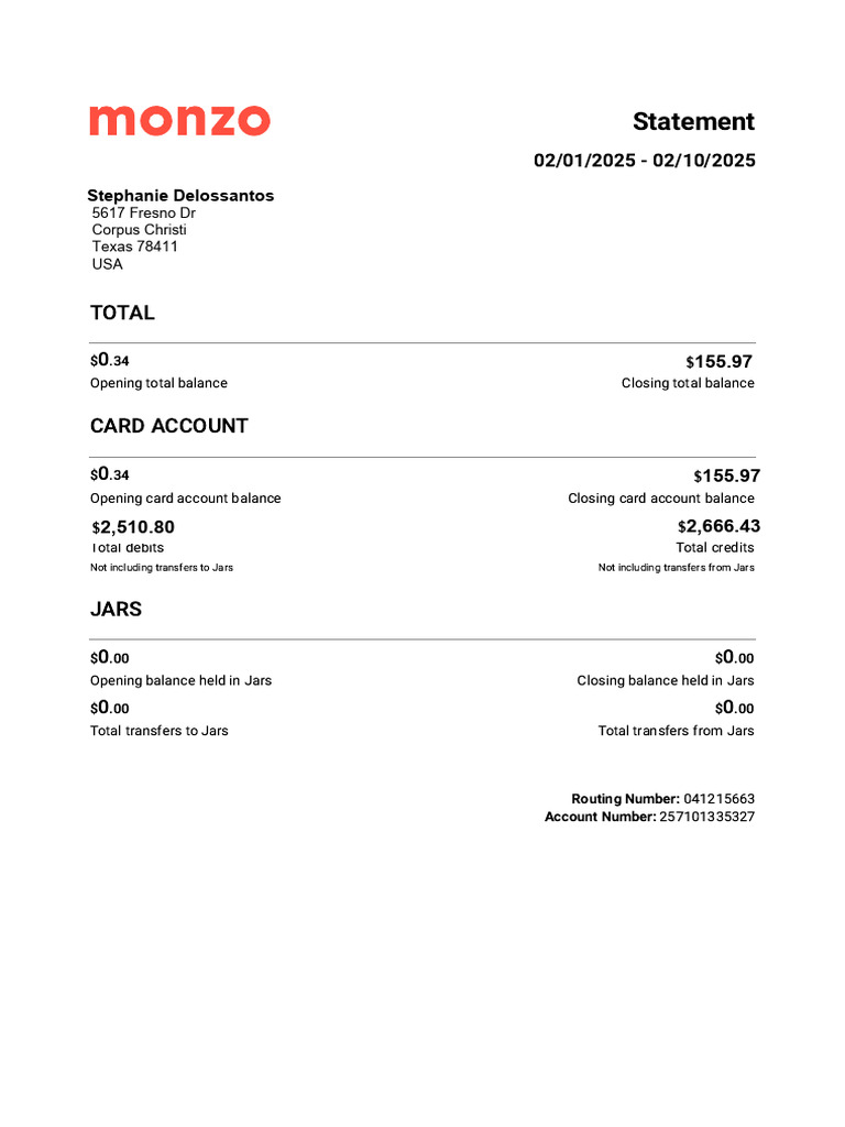 Monzo - Statement - 2025 02 01 2025 02 10 - 4471 | PDF | Debits And ...