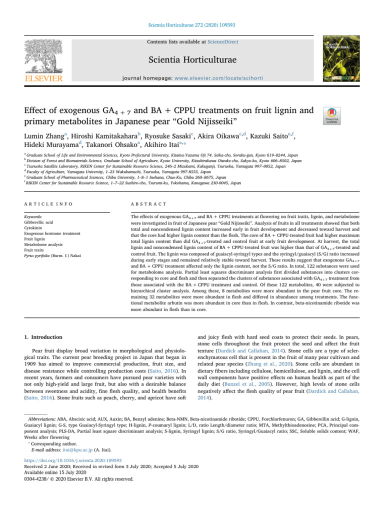 Effect of Exogenous GA4+7 and BA + CPPU Treatments On Fruit Lignin and ...