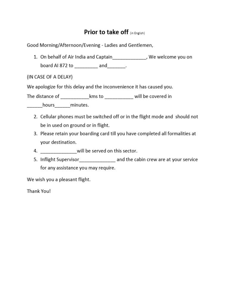 Air India Flight Announcement Scripts | PDF | Transport | Aviation
