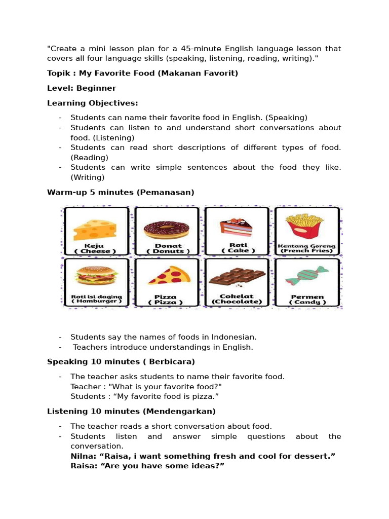 Mini Lesson Plan: Favorite Foods | PDF