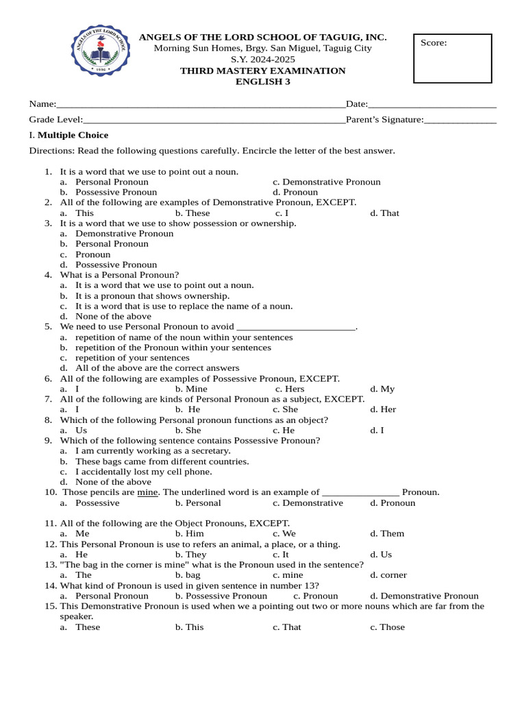 Third Mastery English 3 | PDF | Pronoun | Noun