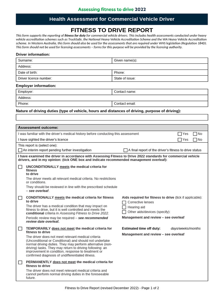 Commercial Driver Fitness Report | PDF | Driver's License | Medicine