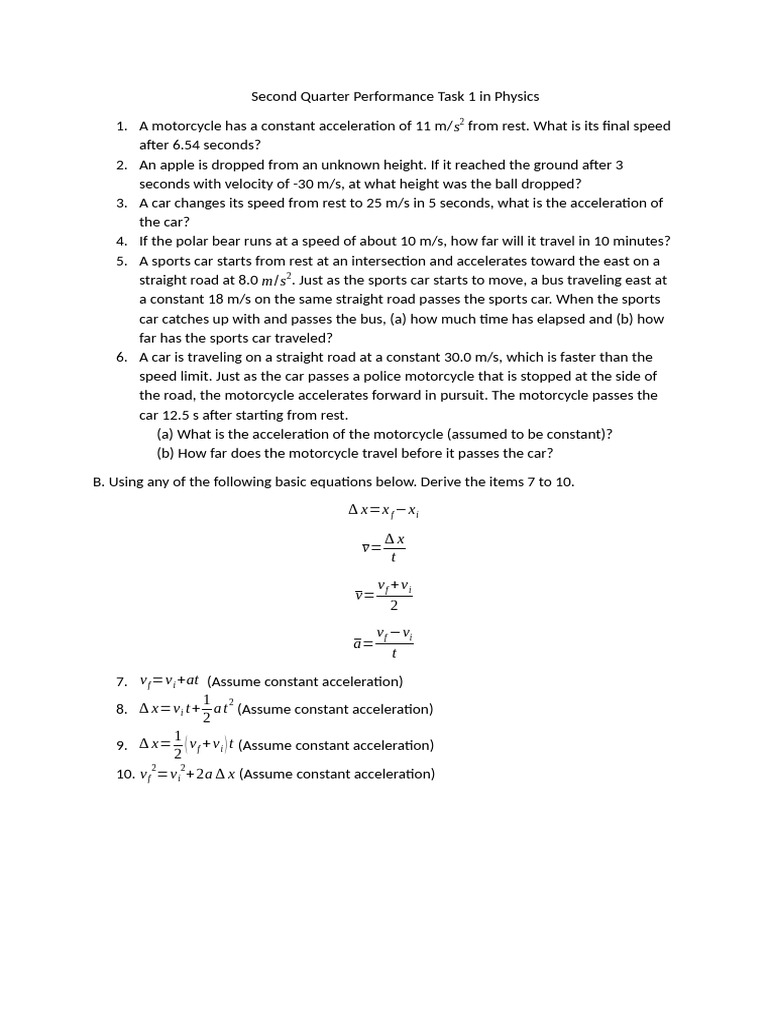 Second Quarter Performance Task 1 in Physics 2024 | PDF