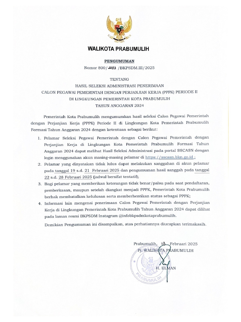 Pengumuman Hasil Adm PPPK P.II 2024 | PDF