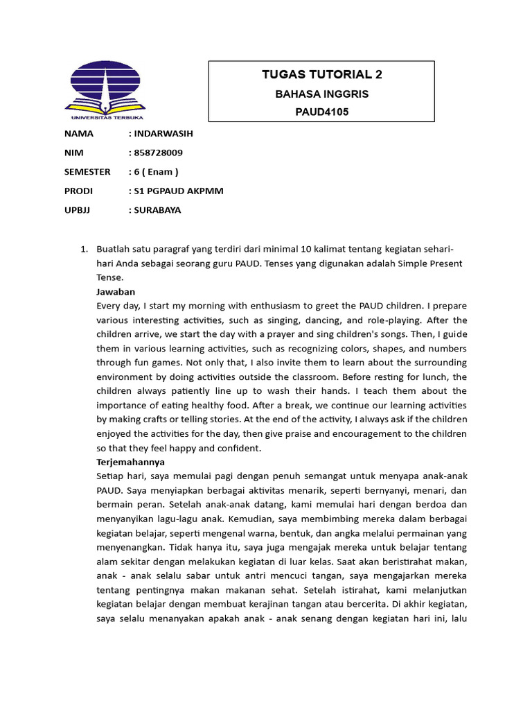 TT 2 Bahasa Inggris, Semester 6 Pgpaud Universitas Terbuka | PDF