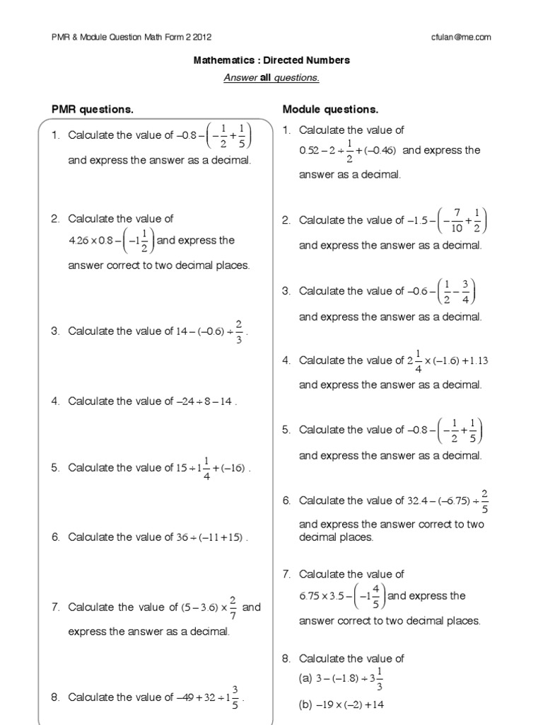 PMR questions. Module questions.: Mathematics: Directed Numbers