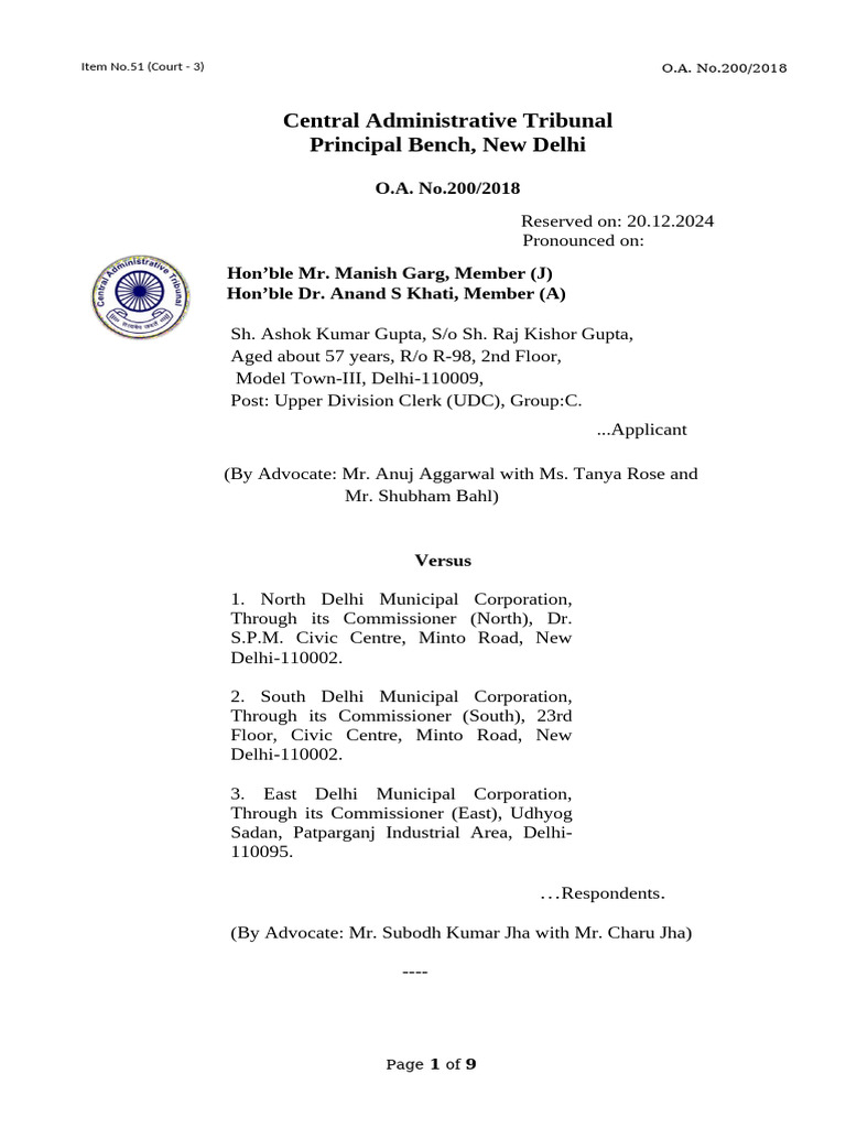 OA 200 2018 Reserved on 20 12 2024 Honble Manish Garg J MOP | PDF | Judgment (Law) | Legal Procedure