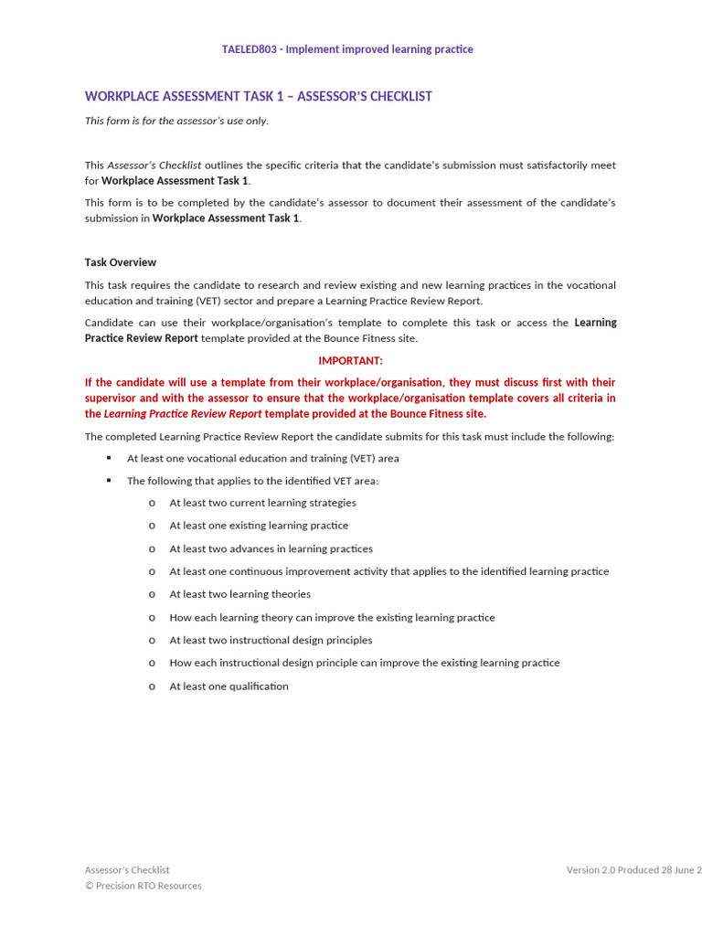 TAELED803-Workplace-Assessment-Task-1-Assessors-Checklist | PDF ... TAELED803-Workplace-Assessment-Task-1-Assessors-Checklist | PDF ...