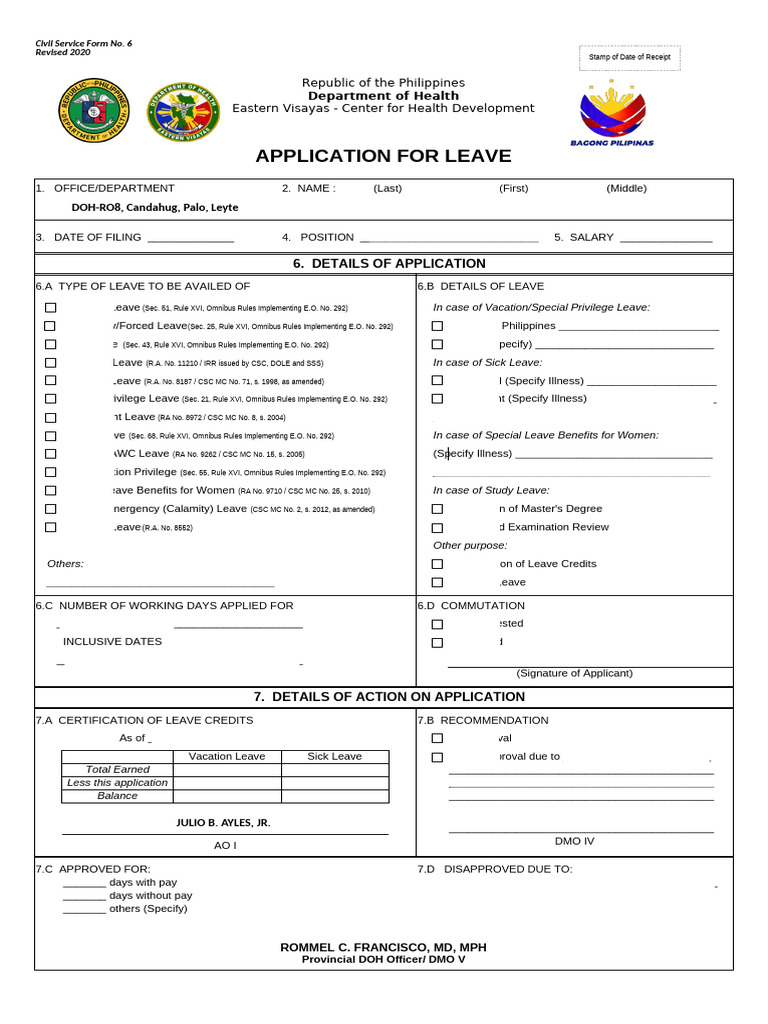 LEAVE FORM New CS Form No. 6, Rev. 2020 - Application For Leave ...