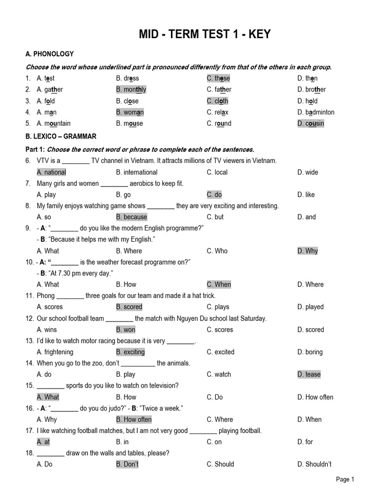MID - Term 2 (G6 )- KEY | PDF | Linguistics