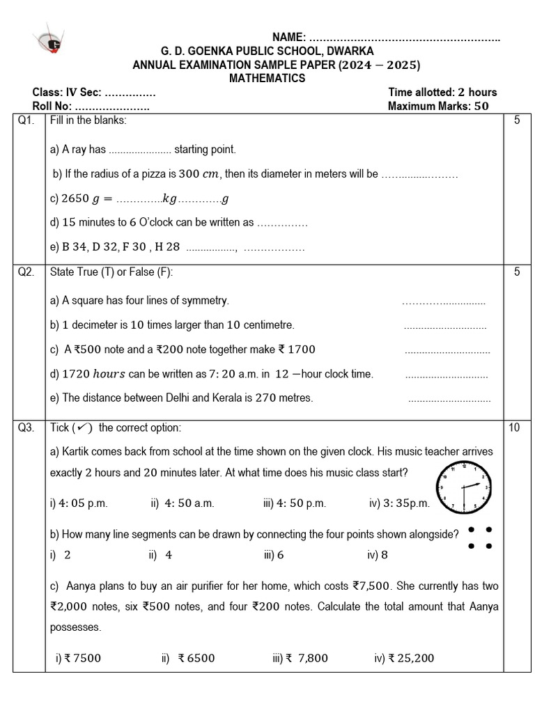 Class Iv - Maths-Sample Paper - Annual Exam-2024-2025 | PDF ...