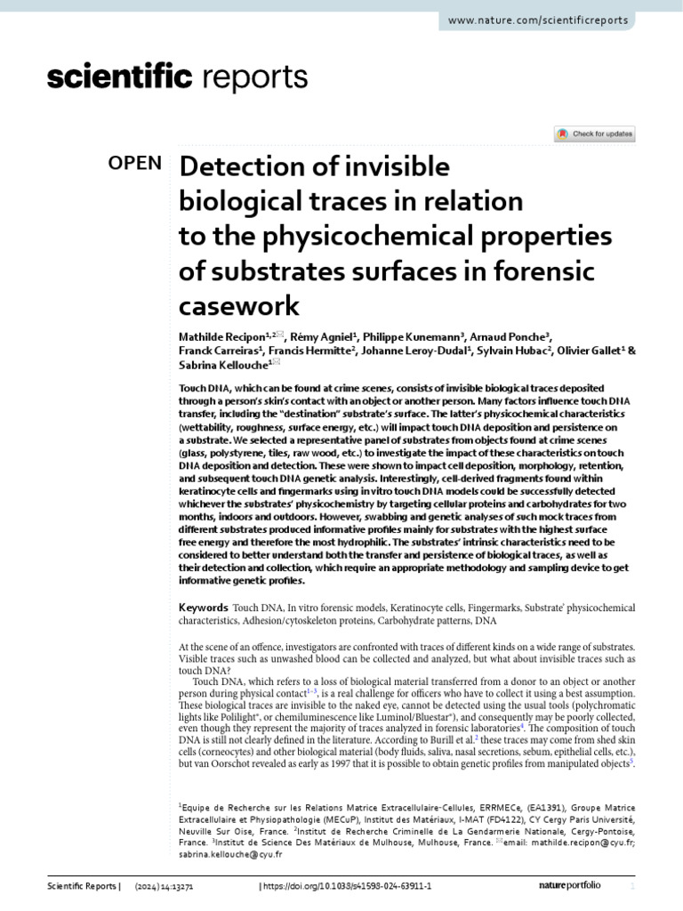 Detection of Invisible Biological Traces in Relation | PDF | Dna | Wetting