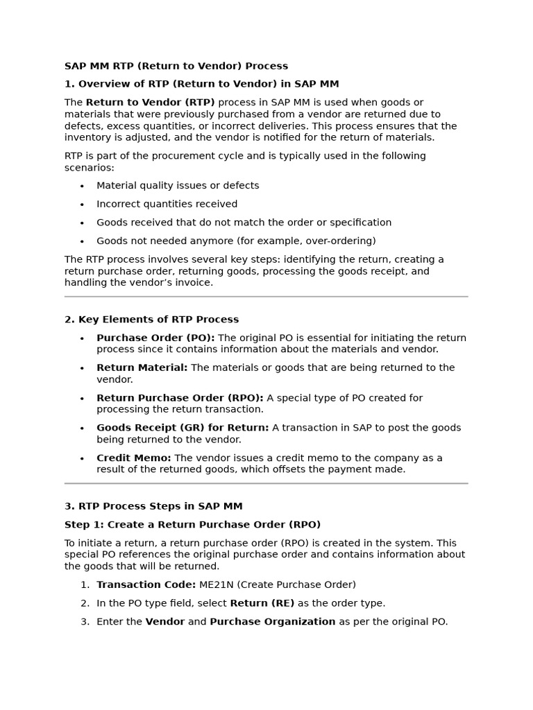 SAP MM Return to Vendor Process Guide | PDF | Invoice | Inventory