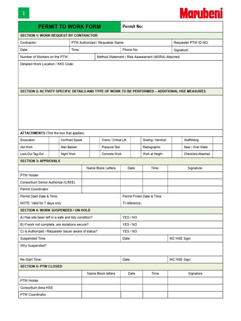 1. Permit to Work Form_PTW Procedure Rev. 4 | PDF