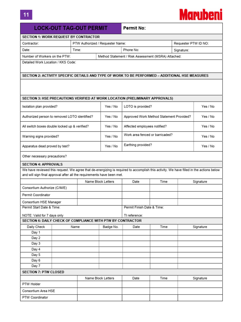 Lock-Out Tag-Out Permit Form | PDF