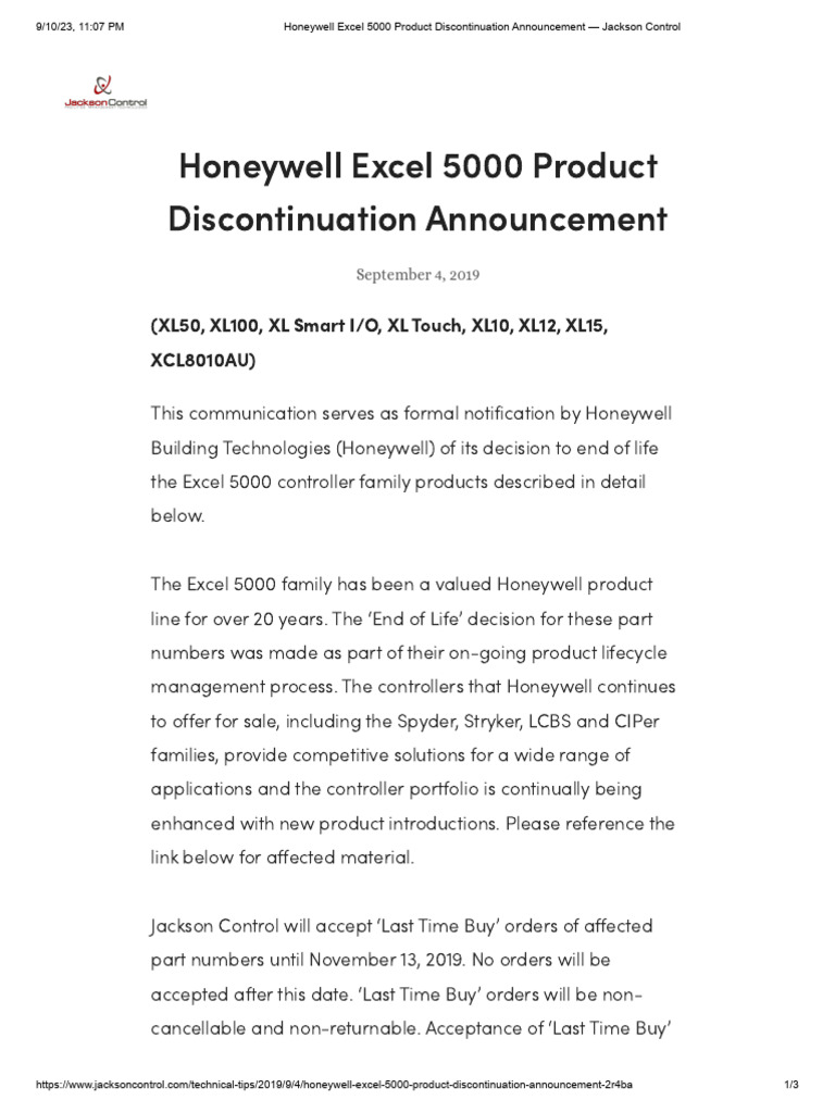 Honeywell Excel 5000 Discontinuation Notice | PDF | Computing | Software
