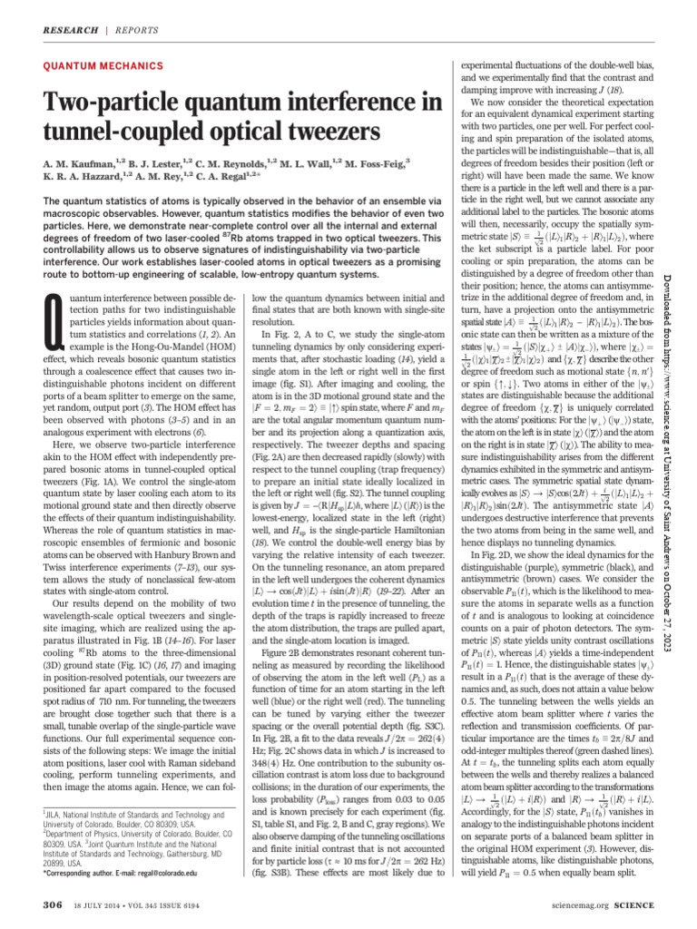 Two-Particle Quantum Interference in Tunnel-Coupled Optical Tweezers ...
