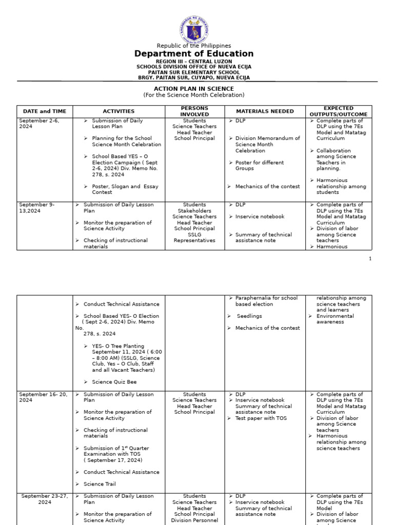 Action Plan Science Month | PDF | Teachers | Teaching