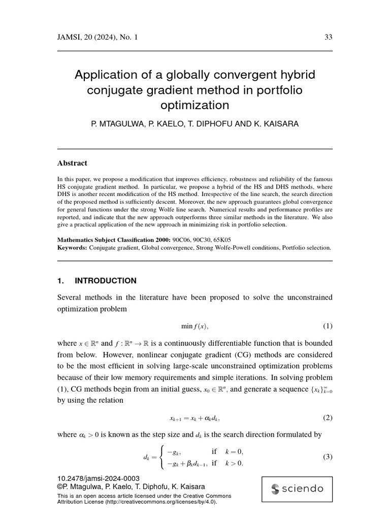 Application of A Globally Convergent Hybrid Conjugate Gradient Method in Portfolio Optimization ...