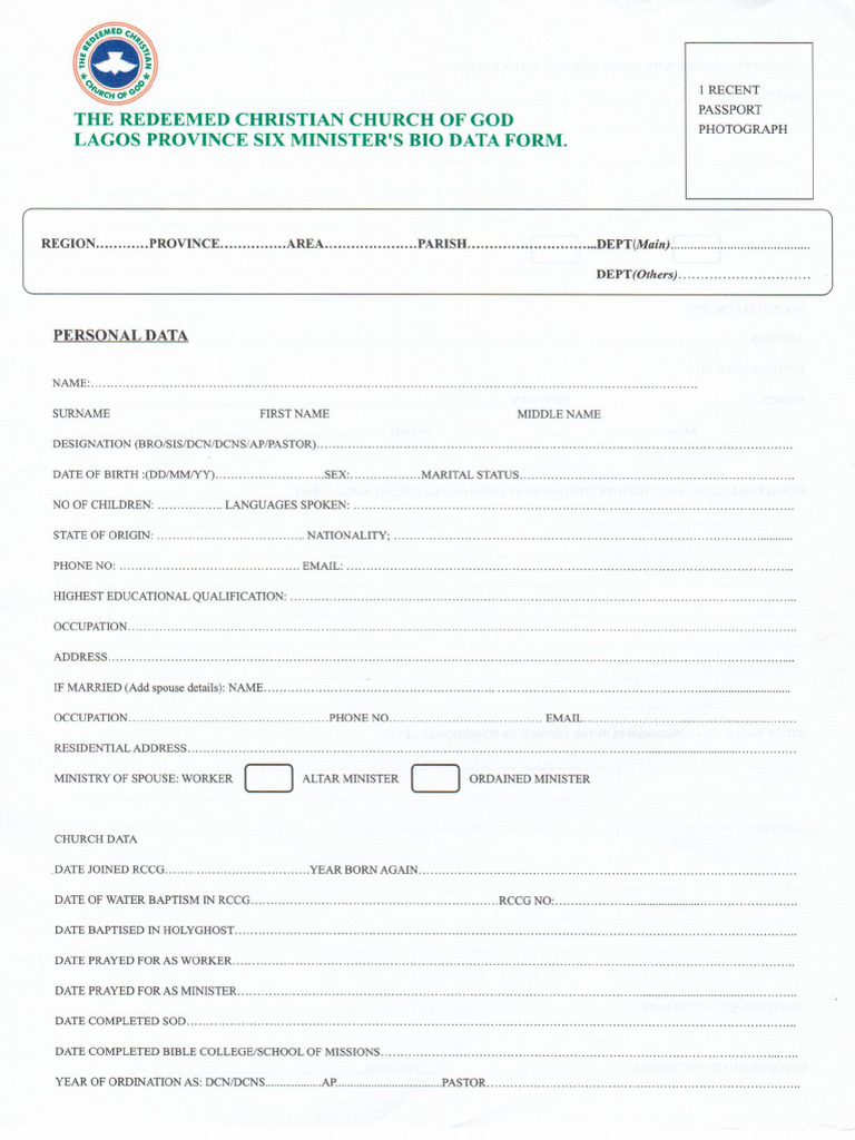 RCCG LP6 Ministers and Workers Biodata Form | PDF