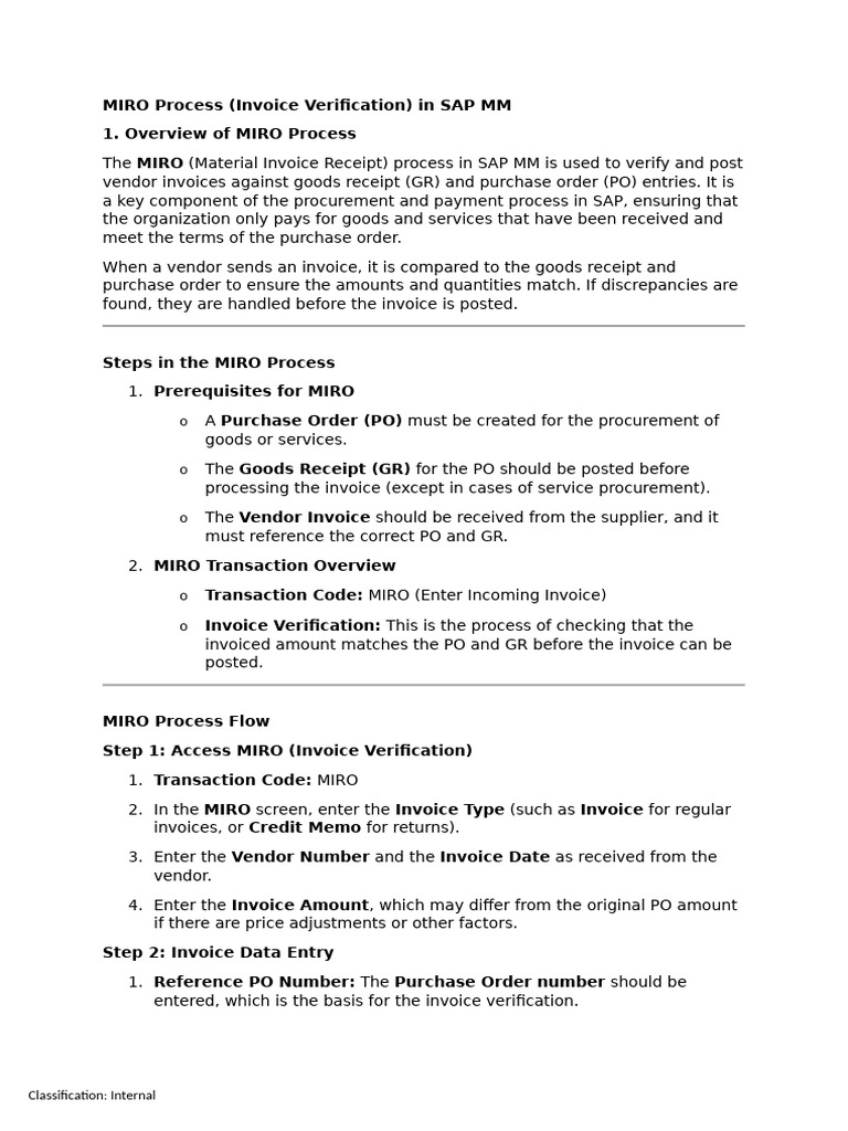 MIRO Process (Invoice Verification) in SAP MM | PDF | Receipt ...