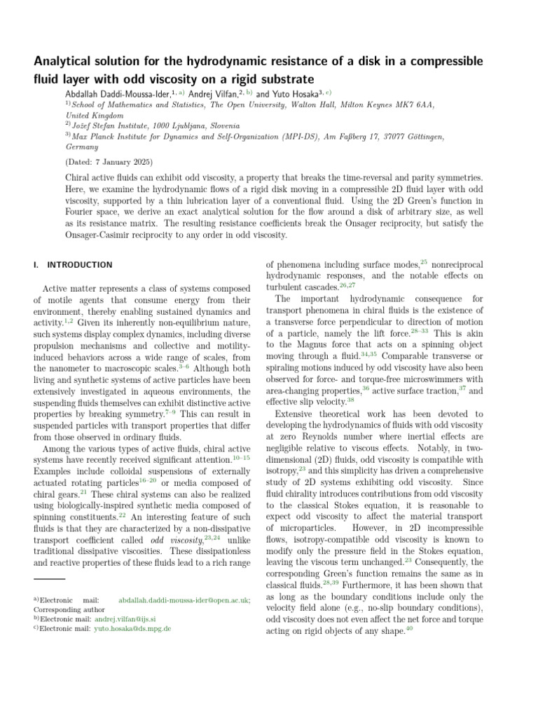 Analytical Solution For The Hydrodynamic Resistance of A Disk in A ...