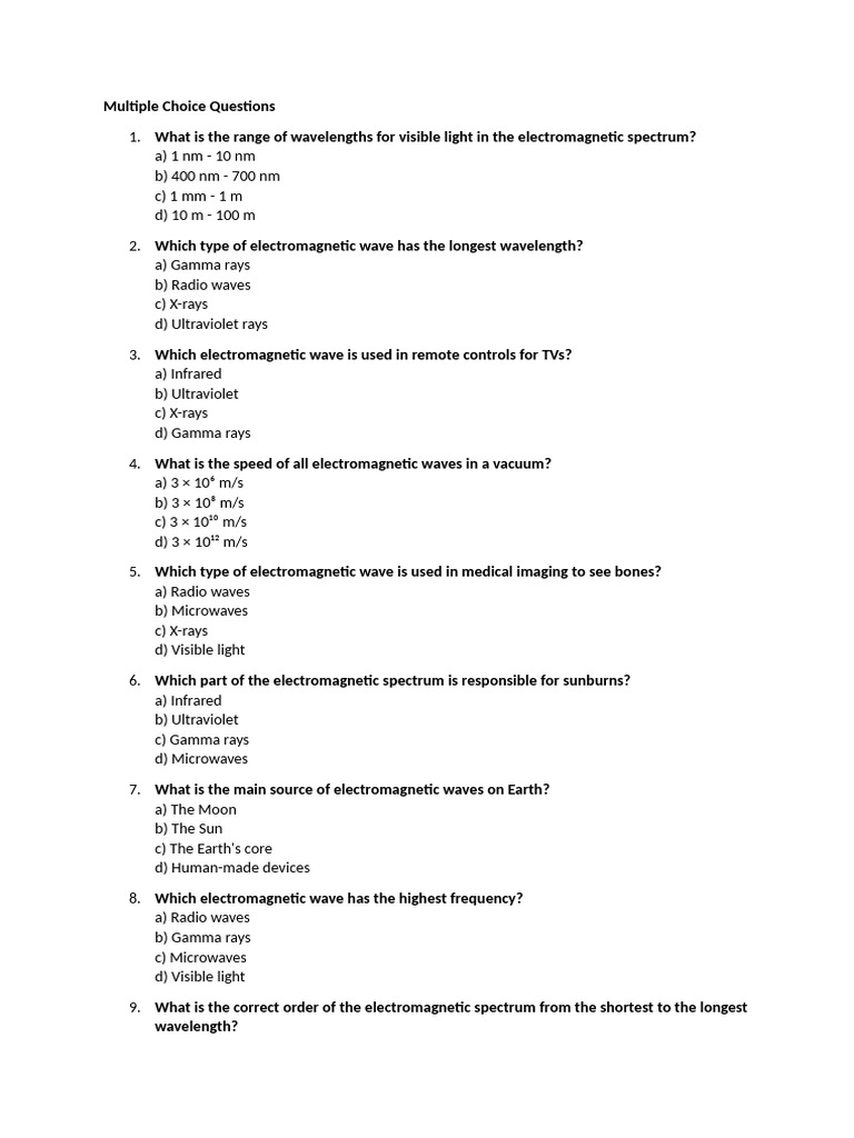 Electromagnetic Spectrum Quiz | PDF | Electromagnetic Spectrum ...