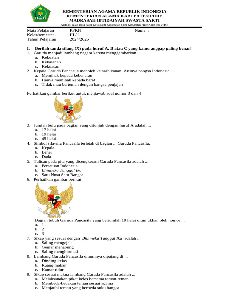 Soal PPKN Kelas 3 Semester 1 | PDF