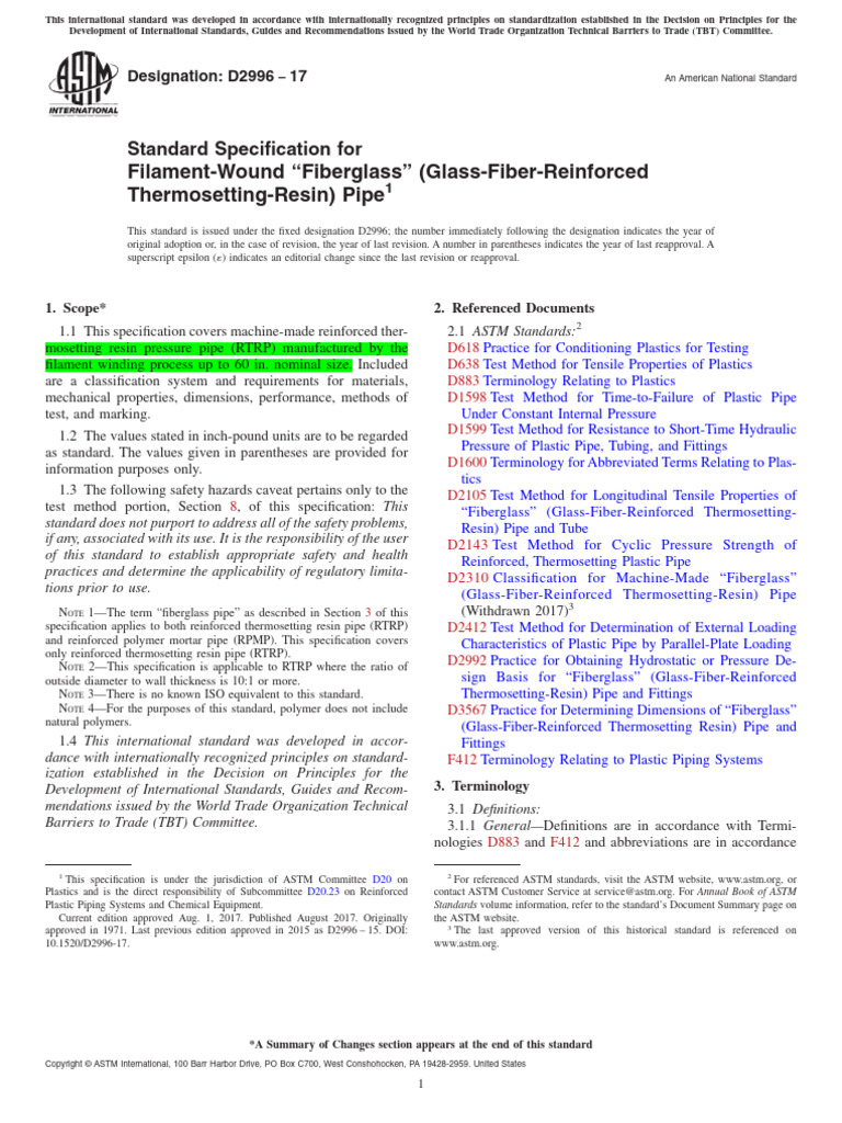 Astm D 2996 - 17 | PDF | Pipe (Fluid Conveyance) | Fiberglass
