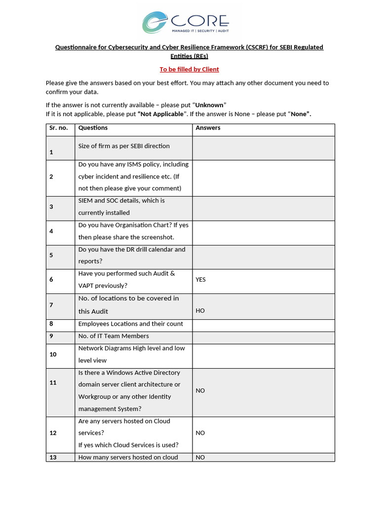 CSCRF BASIC Questionnaire. | PDF | Computer Architecture | Software