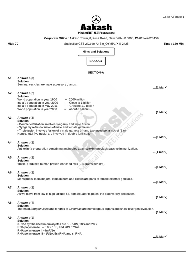 Subjective CST 2 Code A Bio OYMP1 XII 2425 Sol | PDF | Cancer | Dna