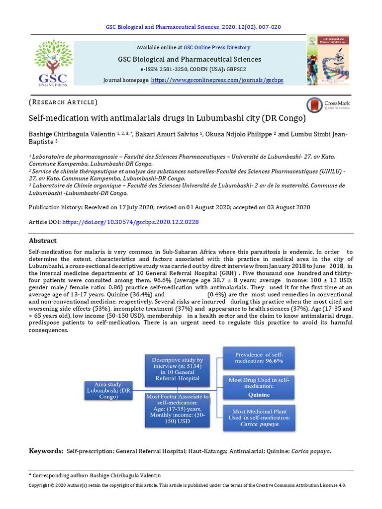 Bashige Et Al 2020-Self-Medication With Antimalarials Drugs in Lubumbashi City (DR Congo) | PDF ...