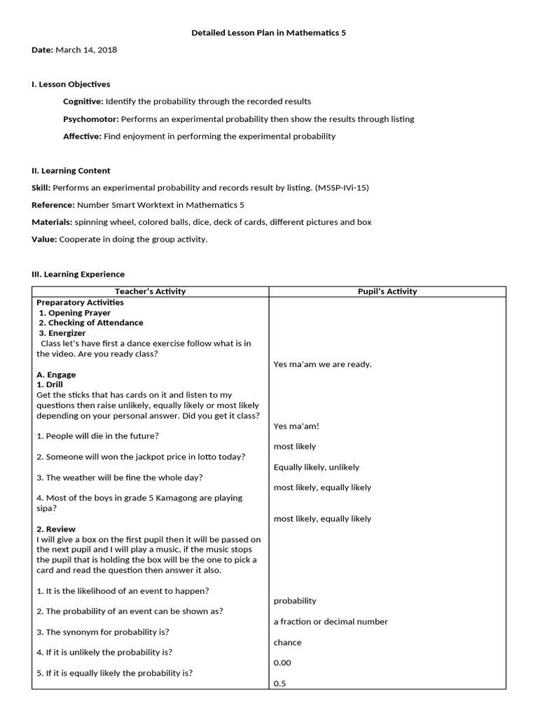 Detailed Lesson Plan in Mathematics 5 | PDF | Probability | Numbers