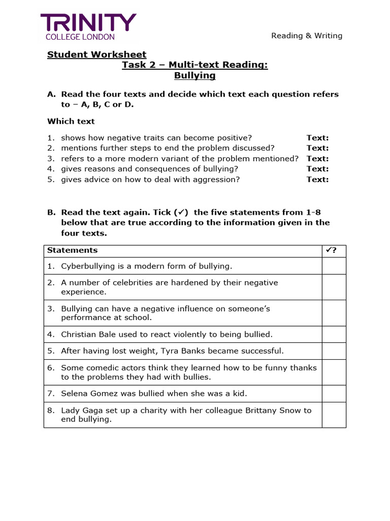 ISE II - Task 2 - Multi-text reading - CA1 (Bullying) | PDF | Bullying ...