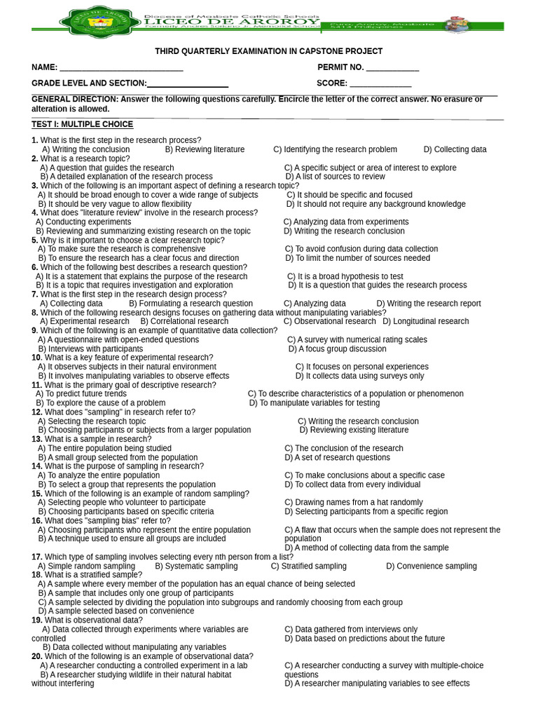 Third Quarterly Examination in Capstone Project | PDF | Sampling (Statistics) | Experiment