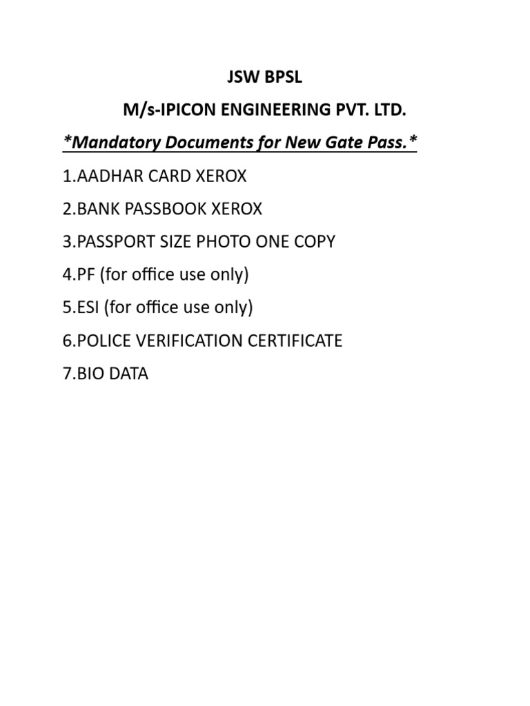 Mandatory Documents For New Gate Pass. | PDF