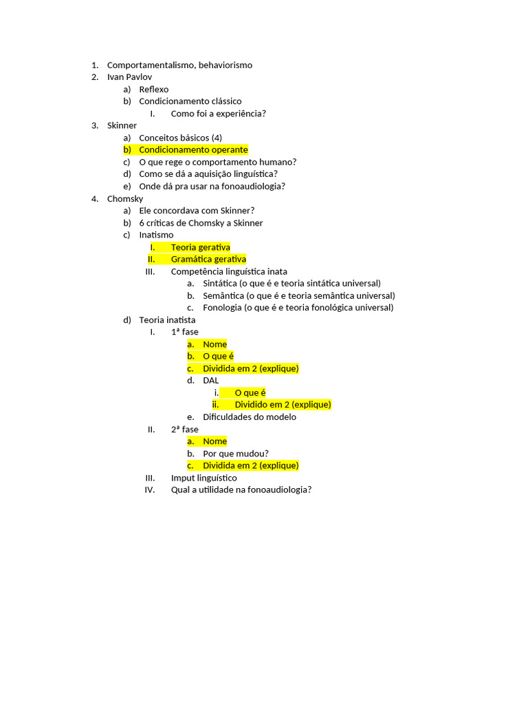 Estudo: Aquisição Da Linguagem - Skinner e Chomsky (Perguntas) | PDF