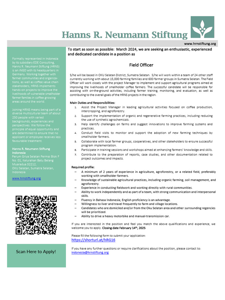 Field Officer Position at HRNS Indonesia | PDF | Smallholding | Agriculture