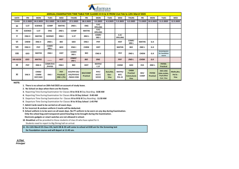 Annual Examination Time Table 2024-25 (3-9&11) | PDF | Tests